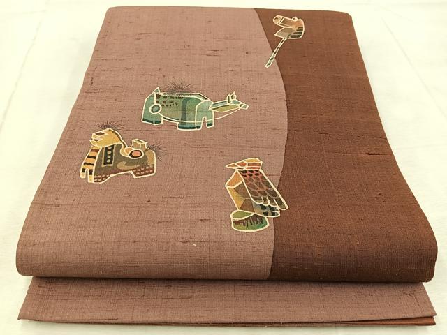 平和屋着物●太鼓柄袋帯　作家物　紬地　型染め　玩具　十二支　正絹　逸品　BAAV6452yc