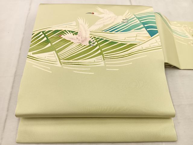 平和屋着物●本加賀友禅作家　庄田和晃　塩瀬　九寸名古屋帯　友禅　トキ　若菜色　正絹　逸品　BAAV6660yc