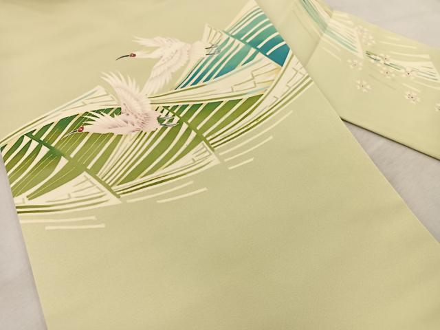 平和屋着物●本加賀友禅作家　庄田和晃　塩瀬　九寸名古屋帯　友禅　トキ　若菜色　正絹　逸品　BAAV6660yc 平和屋着物○本加賀友禅作家 庄田和晃 塩瀬 九寸名古屋帯 友禅 トキ