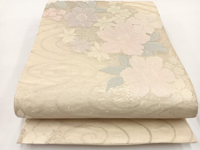 平和屋着物＊夏物　六通柄袋帯　流水花文　銀糸　正絹　逸品　BAAV7130yc