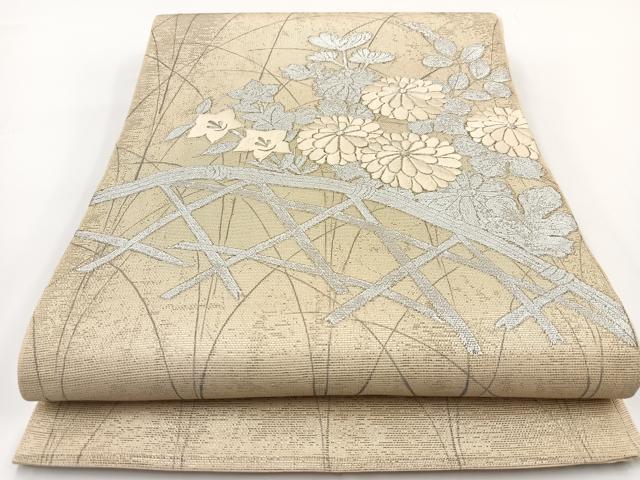 平和屋着物＊夏物　太鼓柄袋帯　銀駒刺繍　籬秋草文　銀　正絹　逸品　BAAV7135yc