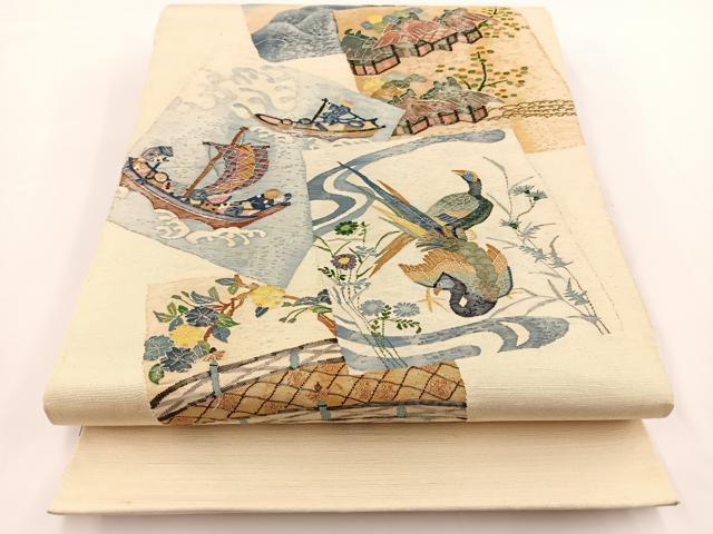 平和屋着物●太鼓柄袋帯　すくい織　紬地　色紙重ね人物花鳥文　正絹　逸品　BAAV7170yc