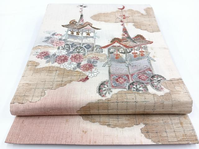 平和屋着物●両面　太鼓柄袋帯　結城紬地　刺繍　祇園祭　金銀糸　正絹　逸品　BAAV7178yc