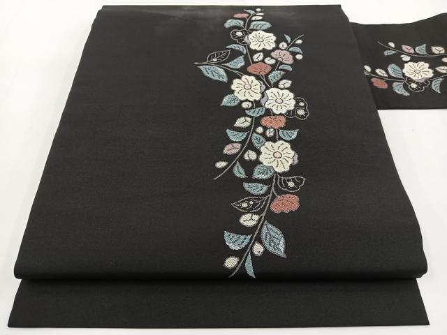 平和屋着物●九寸名古屋帯　唐織　辻が花　黒地　銀糸　正絹　逸品　BAAV7230yc