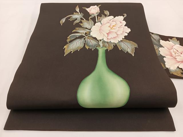 平和屋着物●塩瀬　九寸名古屋帯　手描き　陶器牡丹文　黒地　金彩　正絹　逸品　BAAV7372yc