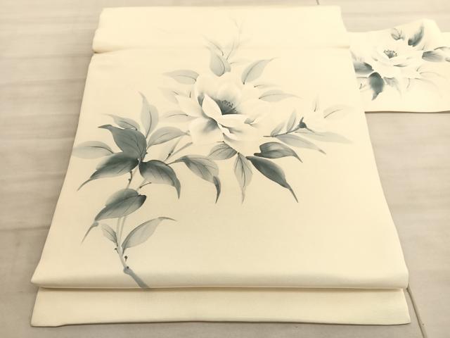 平和屋着物●塩瀬　九寸名古屋帯　作家物　手描き　枝花文　正絹　逸品　BAAV8844hv