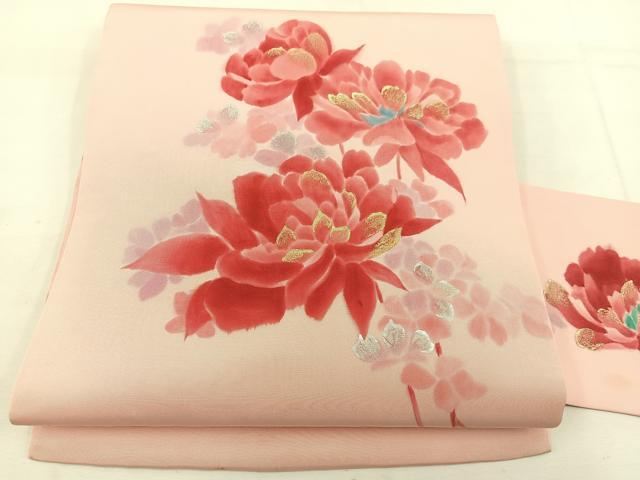 平和屋着物●塩瀬　九寸名古屋帯　手描き　牡丹　金銀彩　正絹　逸品　BAAV9131mz