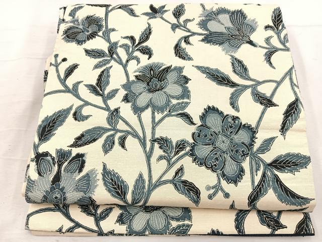 平和屋着物●全通柄　京袋帯　紬地　藍　型染め　更紗花文　正絹　逸品　BAAV9267mz