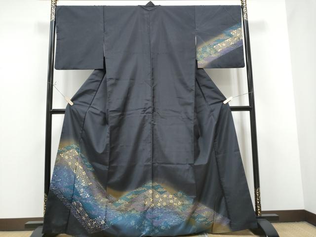 平和屋着物●訪問着　本場染大島紬　流水草花文　正絹　逸品　CAAO2380hy