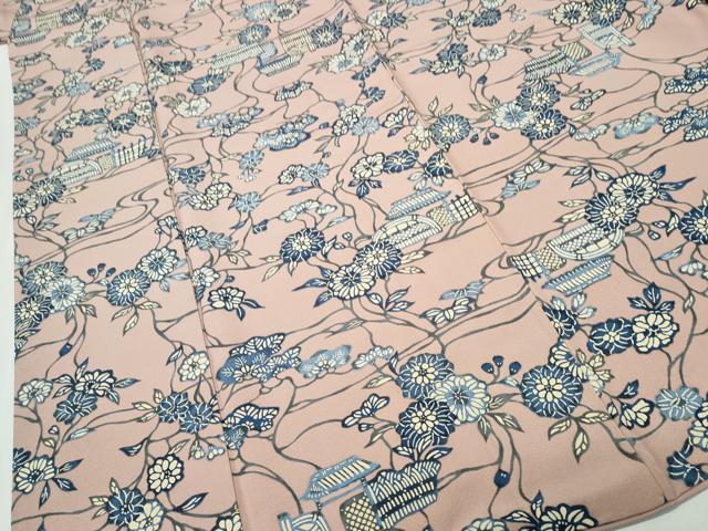 平和屋着物●本場琉球紅型　小紋　枝花風景文　正絹　逸品　CAAO4122ng