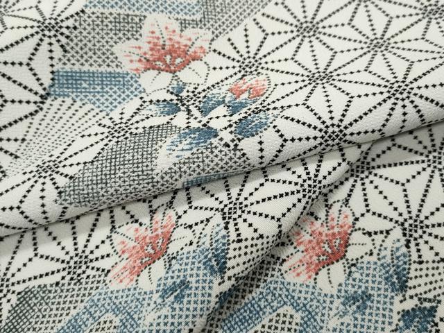 平和屋着物▽小紋　単衣　麻の葉扇面花文　洗える着物　CAAP5545ut