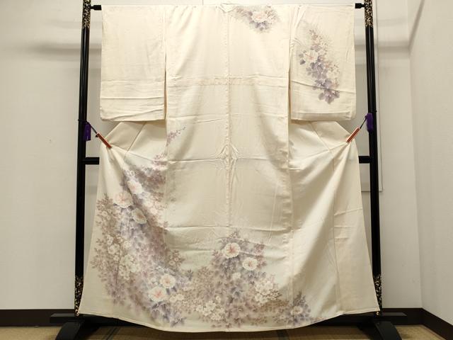 平和屋着物▽訪問着　単衣　刺繍　草花文　正絹　逸品　CAAP5549ut