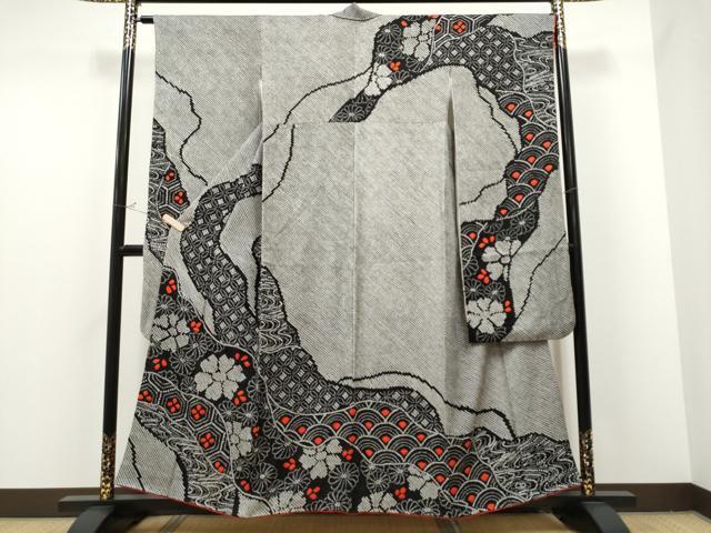 平和屋着物●豪華振袖　総絞り　流水草花吉祥文　黒地　正絹　逸品　CAAP7130hy