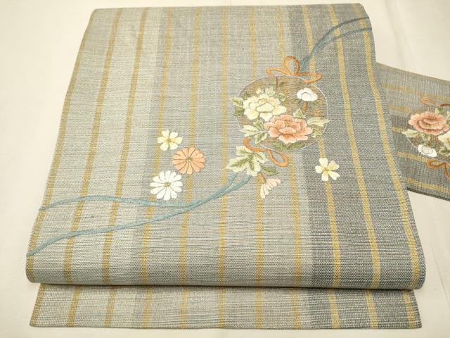 平和屋着物●ひなや工房　くむ・あむ・おる　伊豆蔵明彦　九寸名古屋帯　総刺繍　鏡裏花文　金糸　正絹　逸品　CAAP7178hy