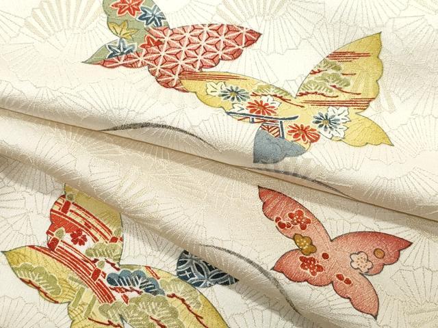 平和屋着物▽上質な小紋　単衣　舞蝶風景花文　扇面金通し地　正絹　逸品　CAAQ0010vf