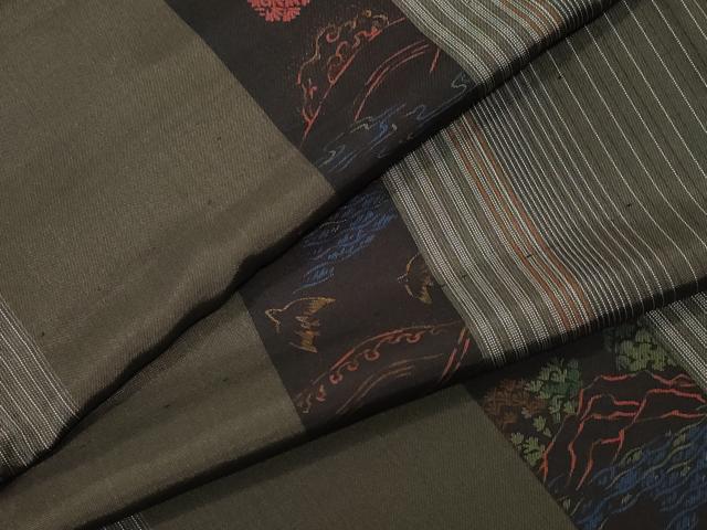 平和屋着物▽上質な紬　単衣　千鳥　立波遠山草木文　正絹　逸品　CAAQ0014vf