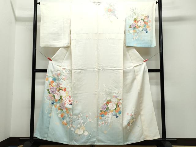 平和屋着物▽訪問着　単衣　刺繍　扇面草花文　正絹　逸品　CAAQ0018vf