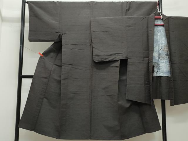 平和屋着物▽男性　紬　単衣　アンサンブル　色無地　鉄黒色　正絹　逸品　CAAQ0051vf