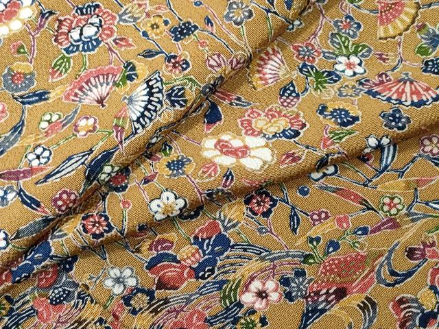 平和屋着物▽上質な小紋　単衣　型染め　流水草花文　鬼しぼ縮緬　正絹　逸品　CAAQ0066vf