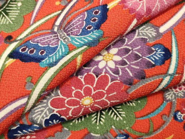 平和屋着物●上質な小紋　首里王朝紅型　花蝶文　反端付き　正絹　逸品　CAAQ1531gh