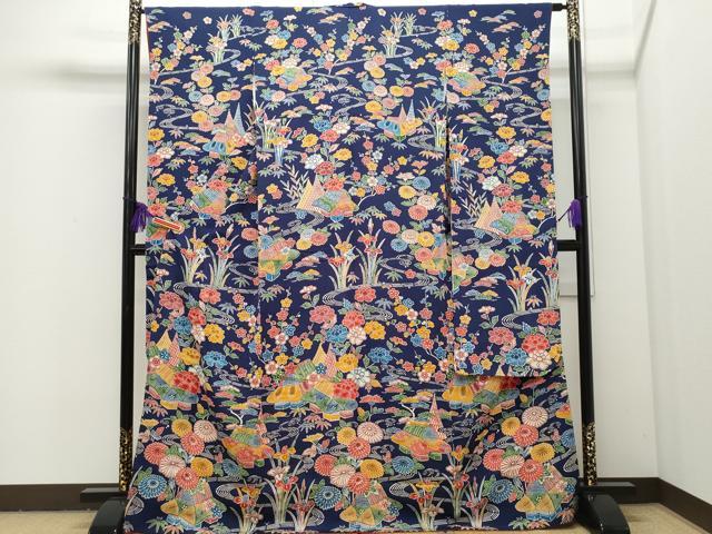 平和屋着物●豪華振袖　型染め　風景草花文　正絹　逸品　CAAQ9105vf