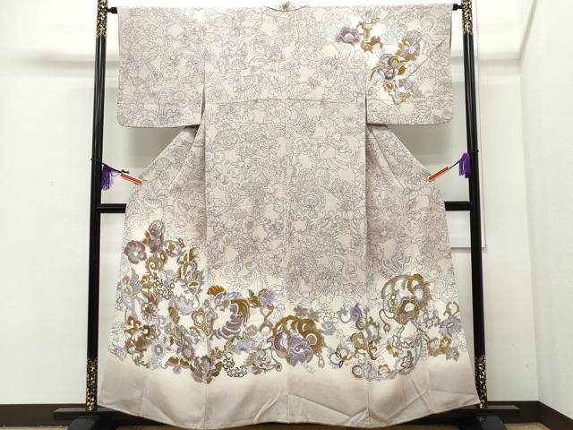 平和屋着物●山岡古都　訪問着　更紗花鳥唐草文　鬼しぼ縮緬　正絹　逸品　CAAQ9122vf