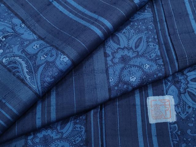 平和屋着物●上質な紬　作家物　藍　型染め　更紗花唐草間道　正絹　逸品　CAAQ9126vf