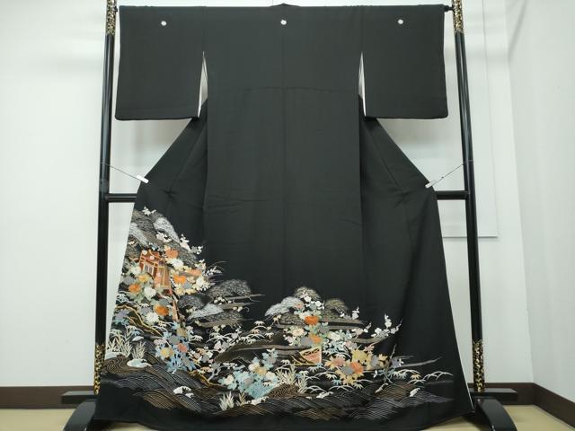 平和屋着物●創業460年・千總　黒留袖　駒刺繍　御所車草花文　金彩　高島屋扱い　正絹　逸品　CAAQ9186vf