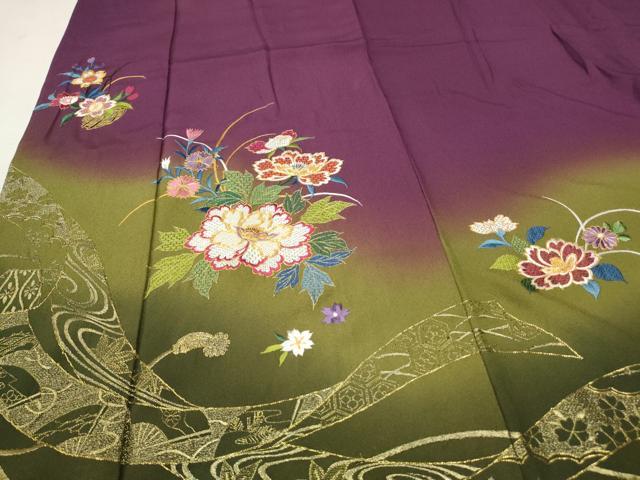 平和屋着物○豪華振袖 総刺繍 草花文 暈し染め 金糸 正絹 逸品