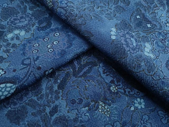 平和屋着物●上質な小紋　藍　型染め　更紗花文　鬼しぼ縮緬　正絹　逸品　CAAQ9508th