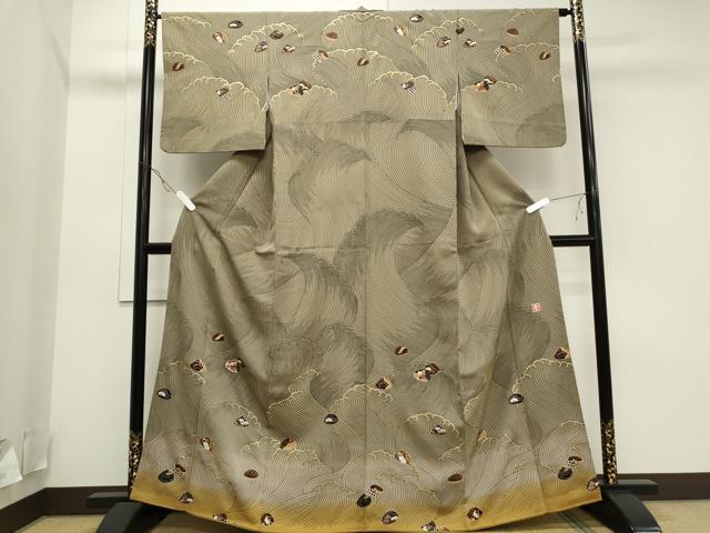 平和屋着物●ファッションデザイナー 花井幸子　訪問着　刺繍　立波貝合せ花文　暈し染め　金彩　正絹　逸品　CAAQ9520th