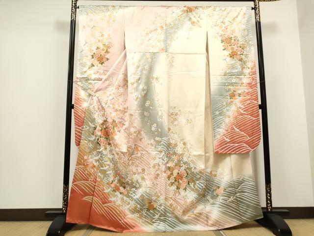 平和屋着物●豪華振袖　扇面飛鶴花文　暈し染め　金彩　正絹　逸品　CAAQ9565th