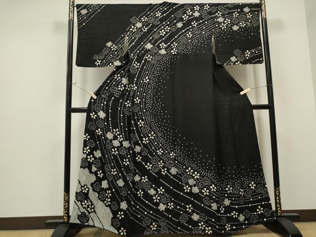 平和屋着物●訪問着　絞り　舞花文　黒地　正絹　逸品　CAAQ9594th