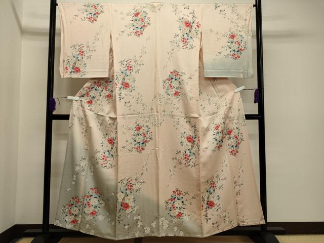 平和屋着物▽訪問着　単衣　尾長鳥花文　暈し染め　金彩　正絹　逸品　CAAR1019gh