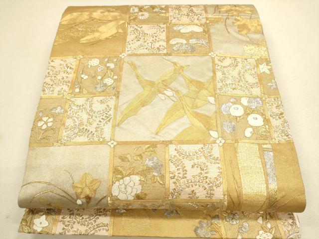 平和屋着物●袋帯　総刺繍　相良刺繍　駒刺繍　天井飛鶴草花文　金銀糸　正絹　逸品　CAAR1293hy
