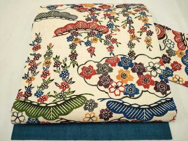 平和屋着物●九寸名古屋帯　紬地　型染め　草花文　正絹　逸品　CAAR1350hy