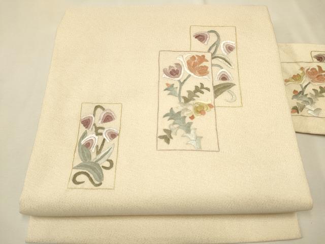 平和屋着物●九寸名古屋帯　総刺繍　綴れ　草花文　正絹　逸品　CAAR1353hy