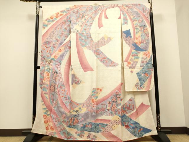 平和屋着物●名門　藤娘きぬたや・総絞り　振袖　束ね熨斗御所車鳳凰花文　正絹　逸品　CAAR1371hy