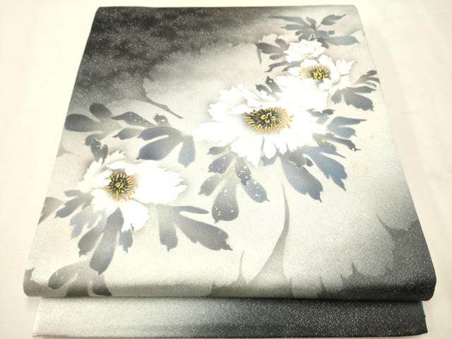 平和屋着物●京の匠日展作家　丹下雄介　太鼓柄袋帯　草花文　銀通し地　正絹　逸品　CAAR1429hy