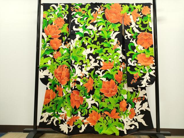 平和屋着物●豪華振袖　草花文　黒地　金彩　正絹　逸品　CAAR6561ze