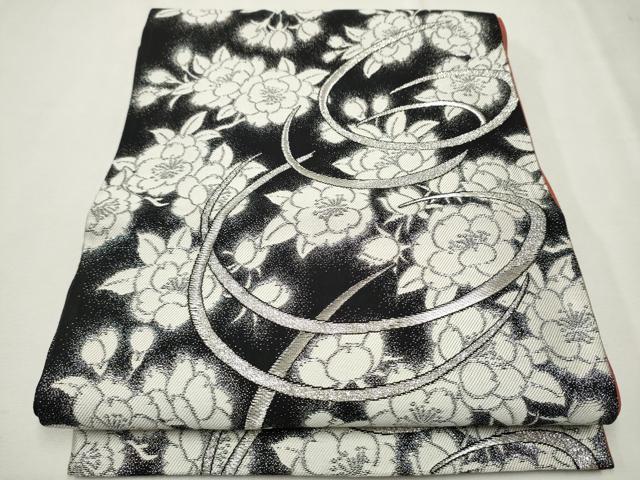 平和屋着物●両面　六通柄袋帯　草花文　銀糸　正絹　逸品　CAAR7720hy