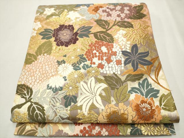 平和屋着物●両面　六通柄袋帯　唐草織　草花尽くし　金糸　正絹　逸品　CAAR7770hy