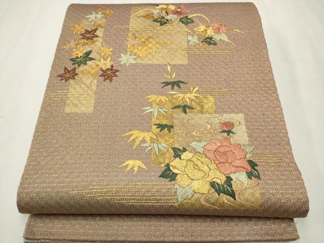 平和屋着物●ひなや工房　くむ・あむ・おる　伊豆蔵明彦　太鼓柄袋帯　総刺繍　色紙重ね　草花文　金糸　正絹　逸品　CAAR7861hy