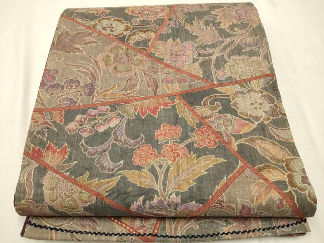平和屋着物●全通柄袋帯　紬地　刺し子　切嵌更紗花文　正絹　逸品　CAAR7957hy