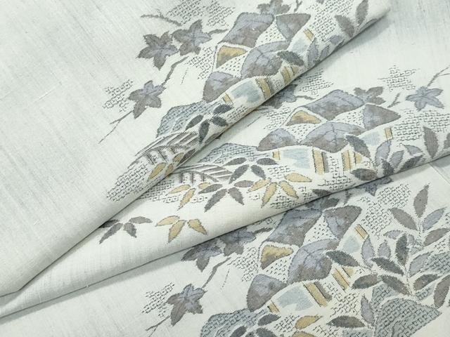 平和屋着物●小千谷紬　モロ入り　100亀甲　風景舞葉文　正絹　逸品　未使用　CAAR8098vf