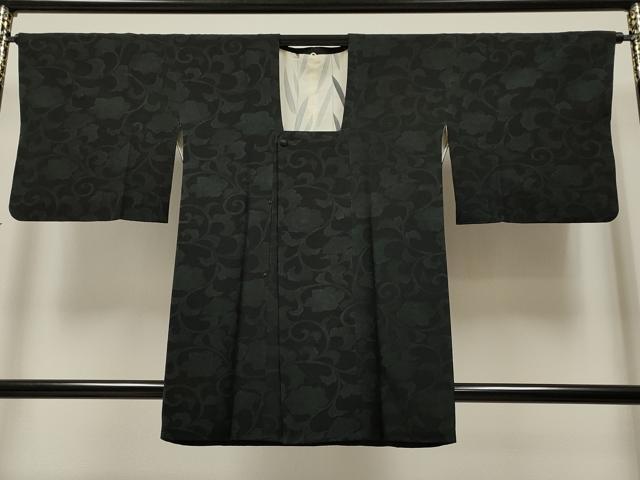 平和屋着物＃道行コート　更紗唐草文　黒地　正絹　逸品　CAAR9181id
