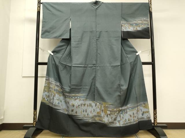 平和屋着物●訪問着　作家物　紬地　手描き　人物風景文　正絹　逸品　CAAS0062th