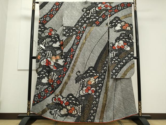 平和屋着物●豪華振袖　総絞り　吉祥松葉文　黒地　金彩　正絹　逸品　CAAS0119th