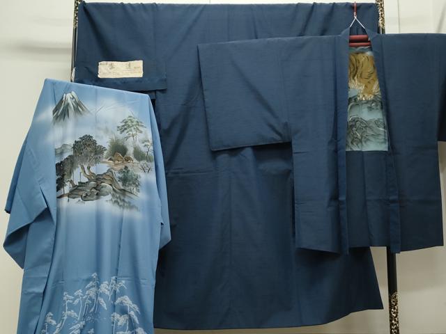 平和屋着物●男性　紬　アンサンブル　長襦袢セット　色無地　草木染　留紺色　反端付き　正絹　逸品　CAAS0139th