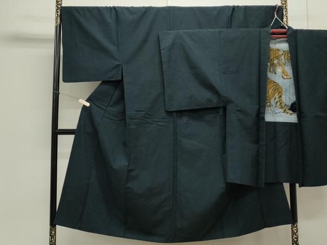 平和屋着物●男性　紬　アンサンブル　色無地　濃藍色　正絹　逸品　CAAS0276th